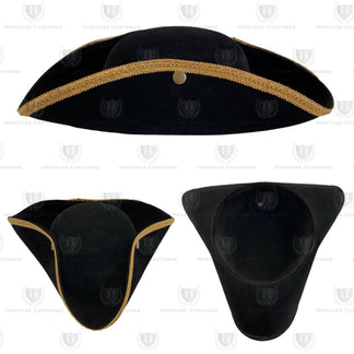 Colonial Tri-corner Hat (Black, W/Gold Braid Trim, W/ White Trim, or B ...