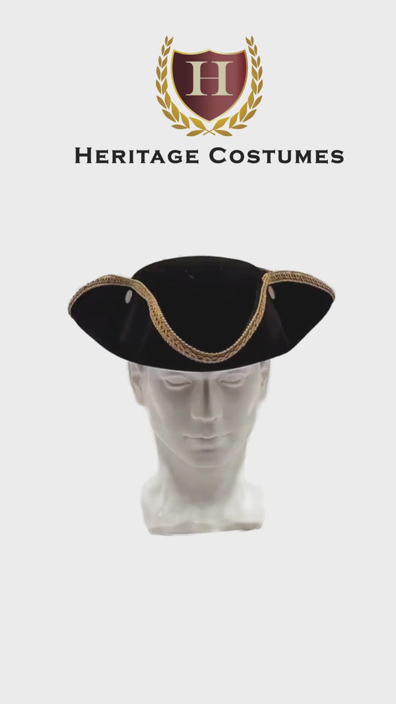 Colonial Tri-corner Hat (Black, W/Gold Braid Trim, W/ White Trim, or B ...